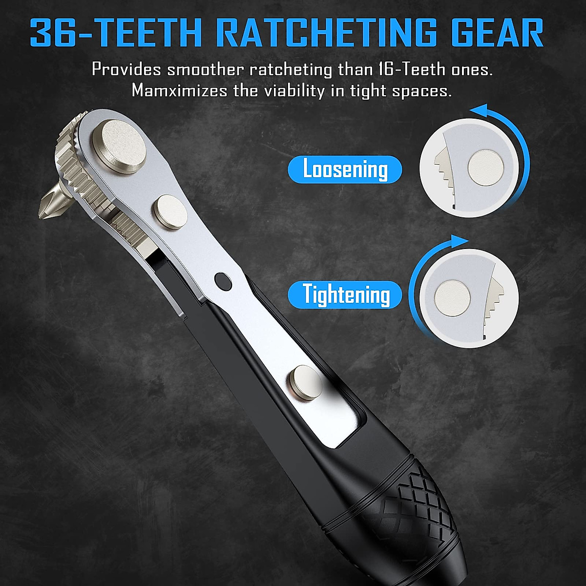 GreaTalent 37in1 S2 Steel Mini Ratchet Wrench Screwdriver Bit Set with 1/4" Hex Shank Phillips/Pozidriv/Hexagon/Torx/Slotted/Square Bits, 36-Tooth Gear, Magnetic Bit Holder, 90 Degree Drive Handle