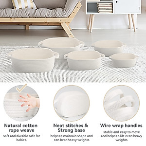 VOOWO Set of 5 Rope Basket, Woven Rope Baskets for Storage, Baskets for Gifts Empty, Small Rope Basket for Organizing, Nursery Rope Basket, Cotton Rope Basket, Woven Basket for Shelves (Off White)