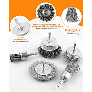 WENHUALI 5 Pcs Drill Wire Brush Set, Heavy Duty Wire Brush Wheel for Drill, 1/4'' Hex Shank Wire Brush Drill Attachments Coarse Carbon Steel Crimped, Great for Cleaning Rust, Paint, Abrasive