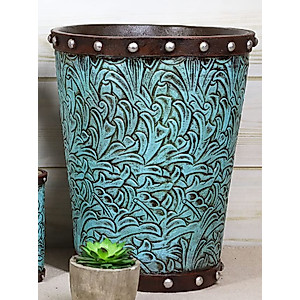 Ebros Gift Rustic Western Sculpted Turquoise Floral Patterns Flower Scroll Art with Faux Tooled Leather Nailhead Borders Bathroom Accessory (Dry Waste Basket Trash Bin)