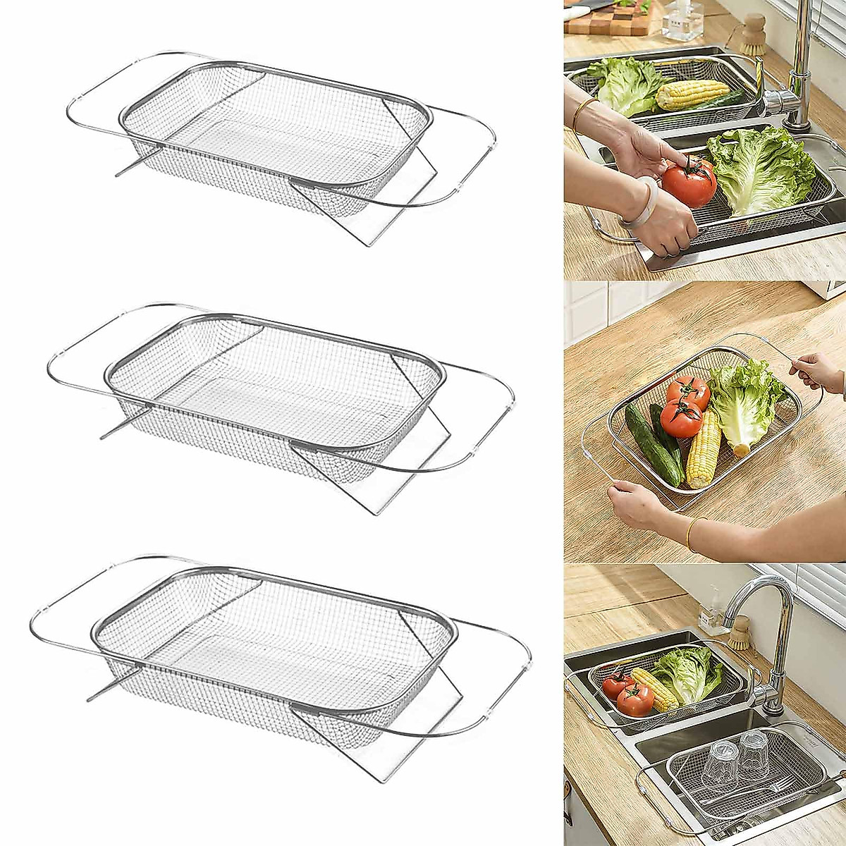 MinnowXY Stainless Steel Retractable Drain Basket Kitchen Basket Vegetable Washing Drain Basin Household Living Room Fruit Bowl
