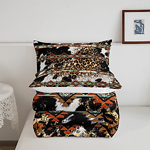 Erosebridal Cheetah Print Comforter Set Western Bedding Sets Full,Exotic Aztec Quilt Black and White Cowhide Cow Print Duvet Insert,Farm Animals Bull Skin Room Decor Cowboys Gifts for Women