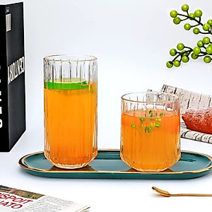 QAPPDA Drinking Glasses Set of 12,Clear Mixed Glassware Set,Vintage Ribbed 13oz Highball Glasses&10 oz Rocks Glasses,Origami Style Everyday Glassware for Cocktail,Whiskey,Juice,Water