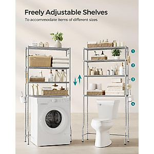 SONGMICS 4 Tier Over The Toilet Storage, Metal Storage Rack, Adjustable Shelves, 4 Hooks, Roll Holder, Space-Saving Bathroom Storage Shelf Organizer, 11.8 x 32.7 x 69.3 Inches, Silver Gray UBTS023G01