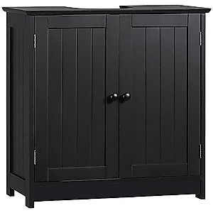 Bathroom Under Sink Vanity Cabinet Free Standing Pedestal Sink Storage Cabinet with 2-Door and Shelves Wood Under Sink Space Saver Organizer (Contemporary-Black)