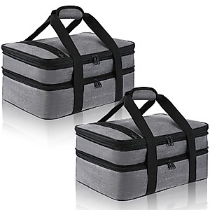 2 Pieces Double Decker Insulated Casserole Carrier Lasagna Holder Tote Food Warmer Bag Expandable Food Transport Containers Fits 9 x 13 Inches Baking Dish for Potluck Parties Picnic Trip Camping, Grey