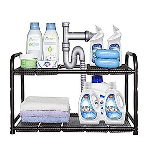 STORAGE MANIAC Under Sink 2 Tier Expandable (Width & Height) Shelf Organizer, Under Sink Organizer and Storage with 10 Removable Steel Panels for Kitchen, Bathroom - from 18.5 to 30 Inches, Bronze