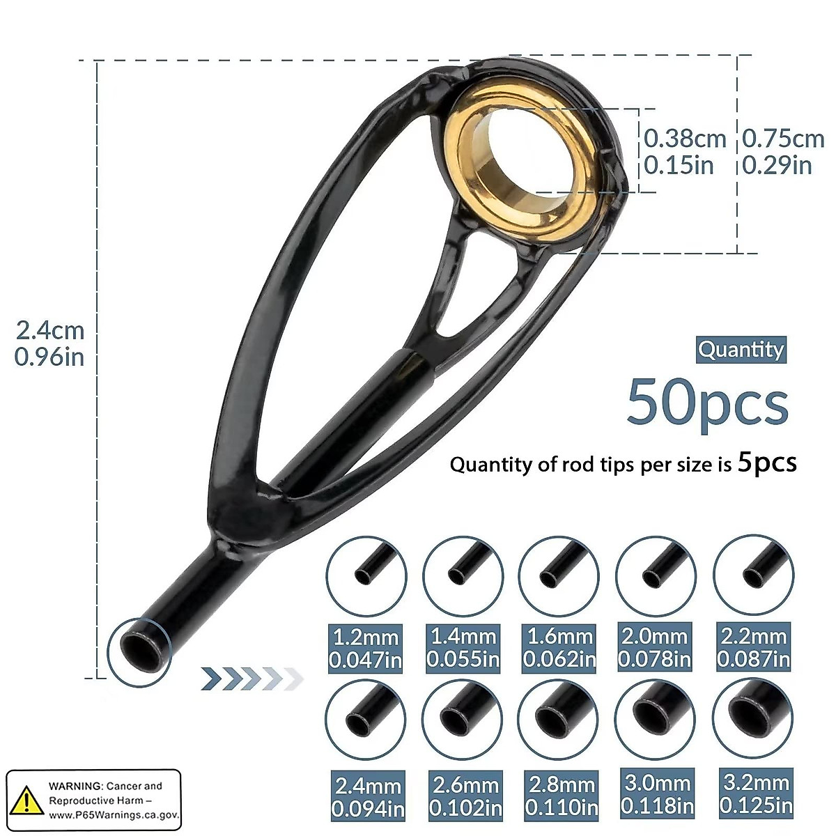 THKFISH Rod Tip Repair Kit 50pcs Rod Tips Fishing Rod Tips Replacement Kit Pole Tip Repair Kit with Box 10 Sizes