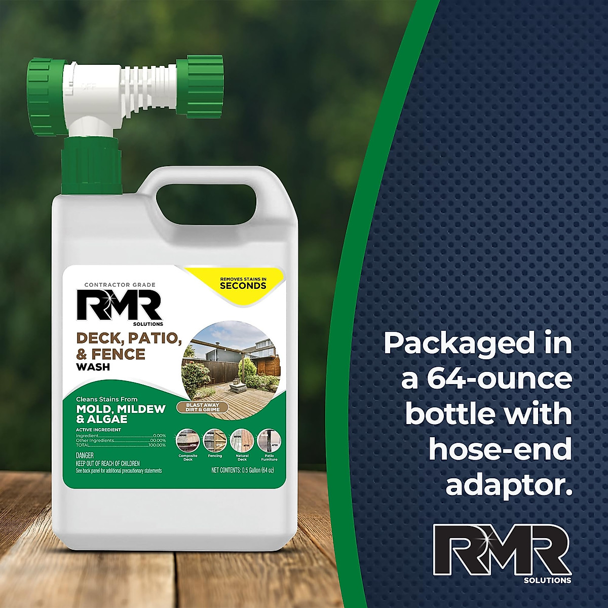 RMR Deck, Patio, & Fence Wash - Commercial-Grade Outdoor Stain Remover for Mold, Mildew, and Algae, 64 Ounce Bottle with Hose-End Adapter