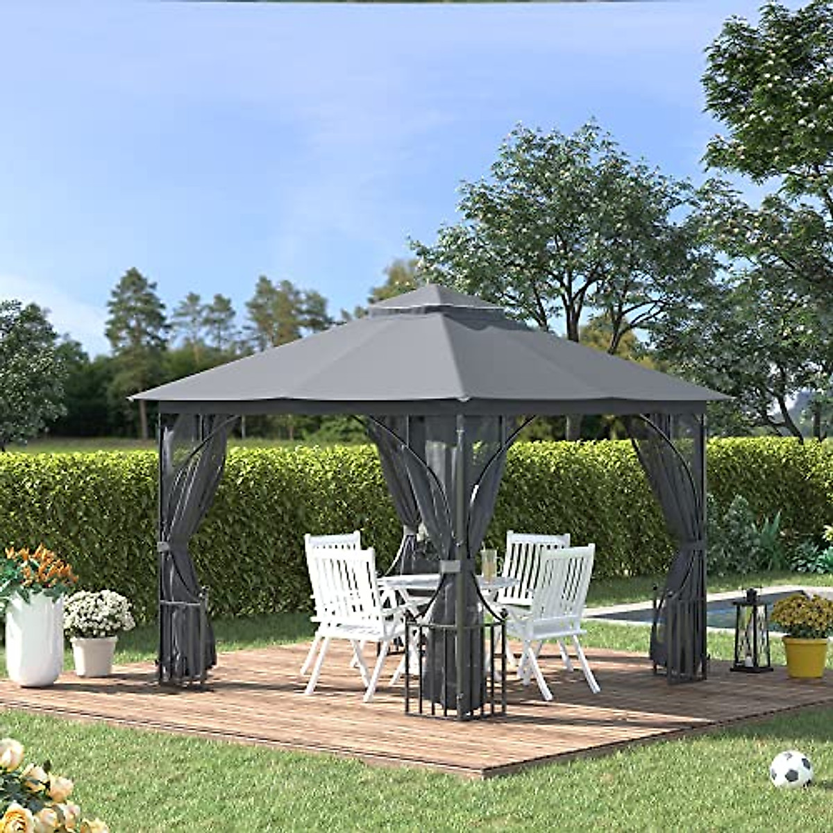 Outsunny 10' x 10' Patio Gazebo, Double Roof Outdoor Gazebo Canopy Shelter with Netting, Steel Corner Frame for Garden, Lawn, Backyard and Deck, Dark Gray