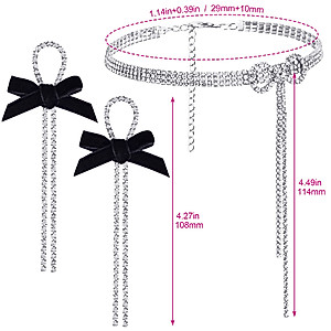 PAGOW 3pcs Rhinestone Silver Necklace Choker, Sparkly Crystal Bling Black Bowknot Earring Pendant Set Diamond Chain Nightclub Wedding Brithday Party Valentine Jewelry Gift for Women