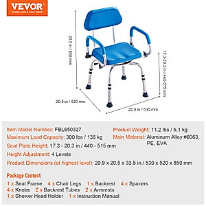 VEVOR Swivel Shower Chair 360 Degree, Adjustable Shower Seat with Pivoting Arms & Padded Bath Seat for Inside Shower or Tub, Non-Slip Rotating Bathtub Chair for Elderly Disabled, 300LBS Capacity