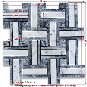 Stone Center Online Carrara White Marble 1 inch Twine Basketweave Mosaic Tile w/Bardiglio Gray Honed Kitchen Bath Wall Floor Backsplash Shower (1 Sheet)