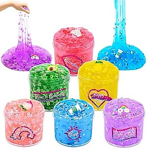 Clear Slime Kit 6 Pack, Premade Crunchy Slime Set DIY Birthday Slime Party Favors for Girls Boys 10-12, Non Sticky Jelly Cube Slime Cute Charms, Peach Cake Avocado Pineapple Crystal Clear Slime Kit