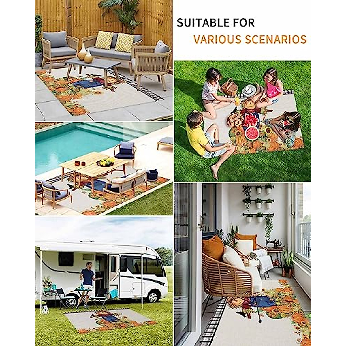 Outdoor Area Rug for Patio,Scarecrow Pumpkin Autumn Thanksgiving Camping Rugs Indoor Large Floor Mat 4x6ft,Farmhouse Black Plaid Linen Outside Carpet for Deck RV Picnic Porch Backyard Bedroom