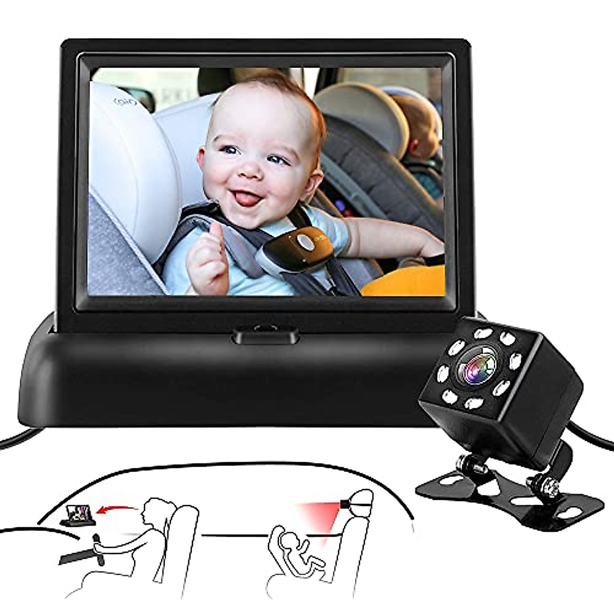 MONOJOY Baby Car Mirror Camera, 4.3'' HD Display Baby Mirror for Car Back Seat Full View Infant, Night Vision Baby Car Camera Baby Rear Facing Seat, Car Seat Mirror for Baby Car Seat Rear Facing