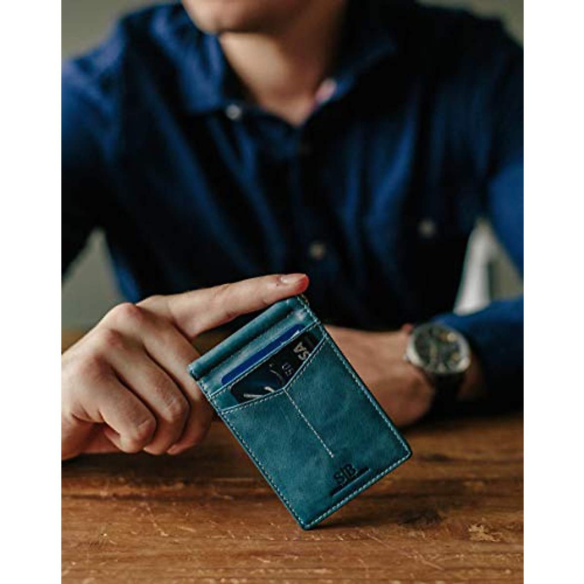 SERMAN BRANDS RFID Blocking Wallet Slim Bifold - Genuine Leather Minimalist Front Pocket Wallets for Men with Money Clip Gift (Arctic Blue Rogue)