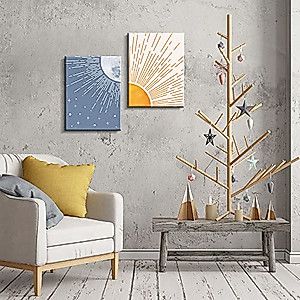 Creoate Boho Wall Decor Art 2 Pieces Sun and Moon Picture Canvas Print Framed Set Artwork for Minimalist Home Decor, Modern Boho Wall Art, 12x16 Inch x2pcs