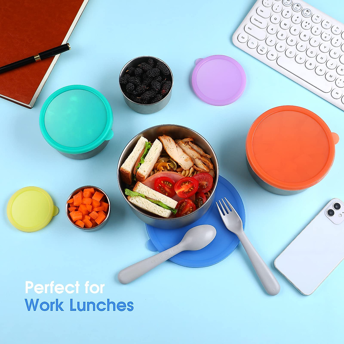 fruui Stainless Steel Containers with Lids, 3 Pack Reusable Snack Containers, 18/8 Stainless Steel Lunch Box Containers, Leakproof, Premium Silicone, Easy Open Food Containers - 13oz, 7oz, 3oz