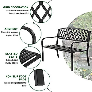 50-Inch Garden Bench,Park Bench Outdoor Bench Metal Bench Clearance Yard Porch Bench Chair with Steel Frame Outdoor Bench Furniture for Backyard Entryway Deck Lawn, Black