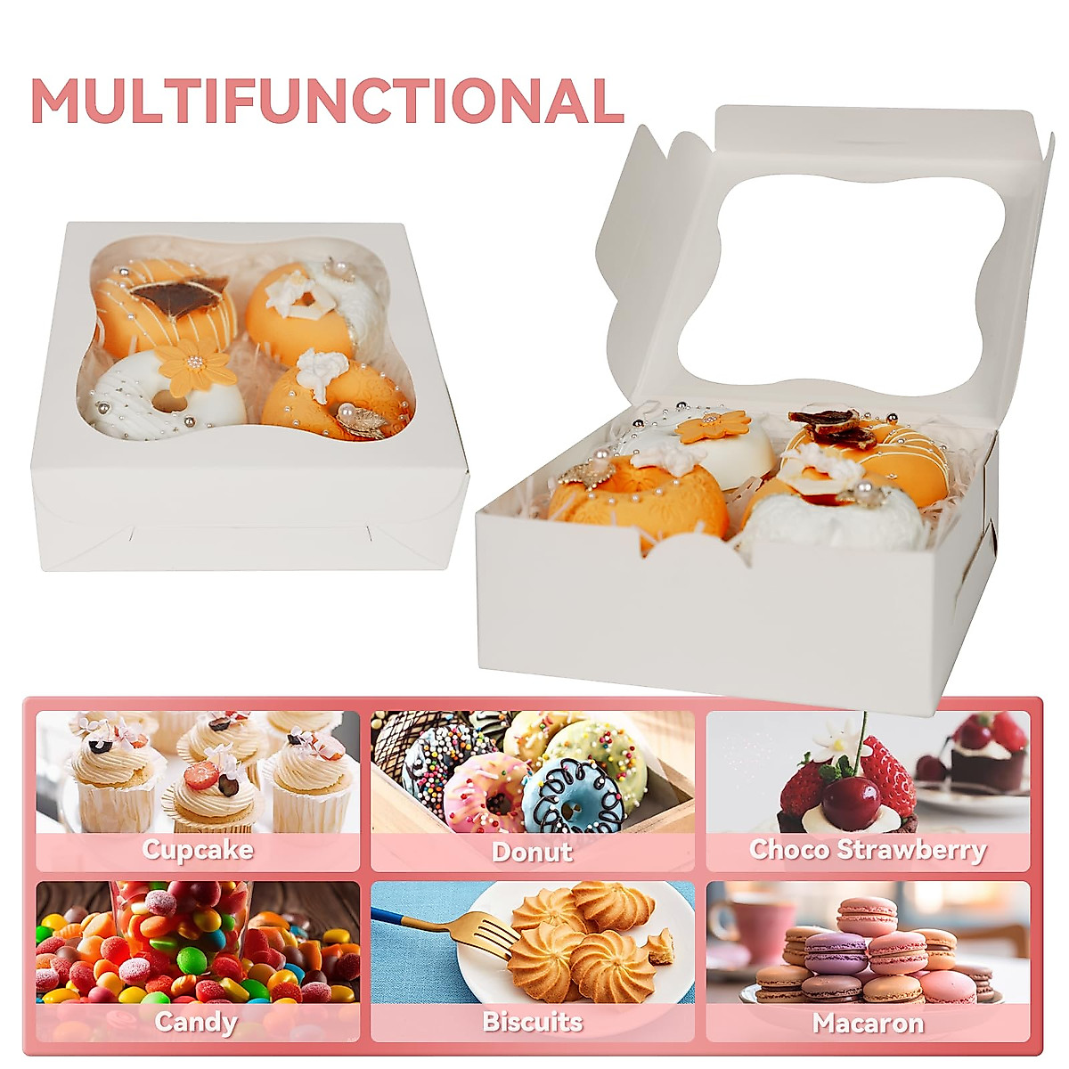 HRUNDKING 30PCS Cupcake Boxes7×7×2.5Inch,Gift Box,Cake Boxes,Cookie Boxes with Window,Bakery Boxes,Biscuit Box,Macaron Boxes,Mini Bundt Cake Containers,Food Packaging Treat Boxes