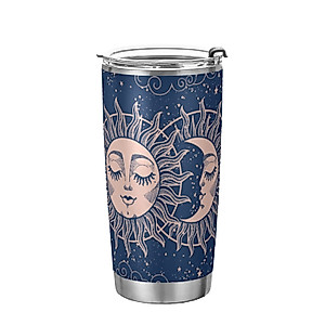 Yasala Tumbler Boho Moon Sun Star Blue Insulated Coffee Cup Beverage Container Travel Mug with Straw and Lid Double Wall Stainless Steel 20oz BPA-Free for Sport, Back to School