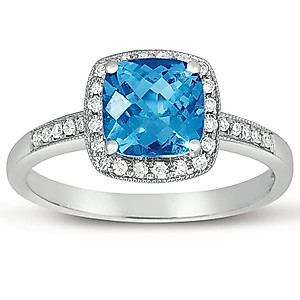 KOKAV 14K White Gold Genuine Blue Topaz Cushion 1-3/4ct with Diamonds Women Ring (8)