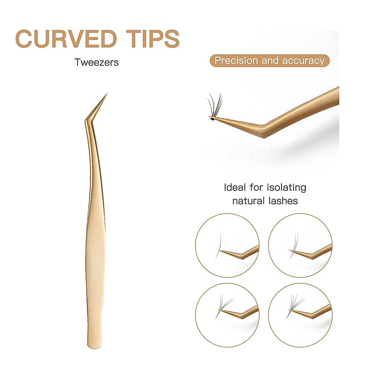 Eyelash Extension Tweezers, 3-Pack,Professional Stainless Steel Tweezers for Volume Lashes, Straight and Curved Tips for 3D-6D,Golden