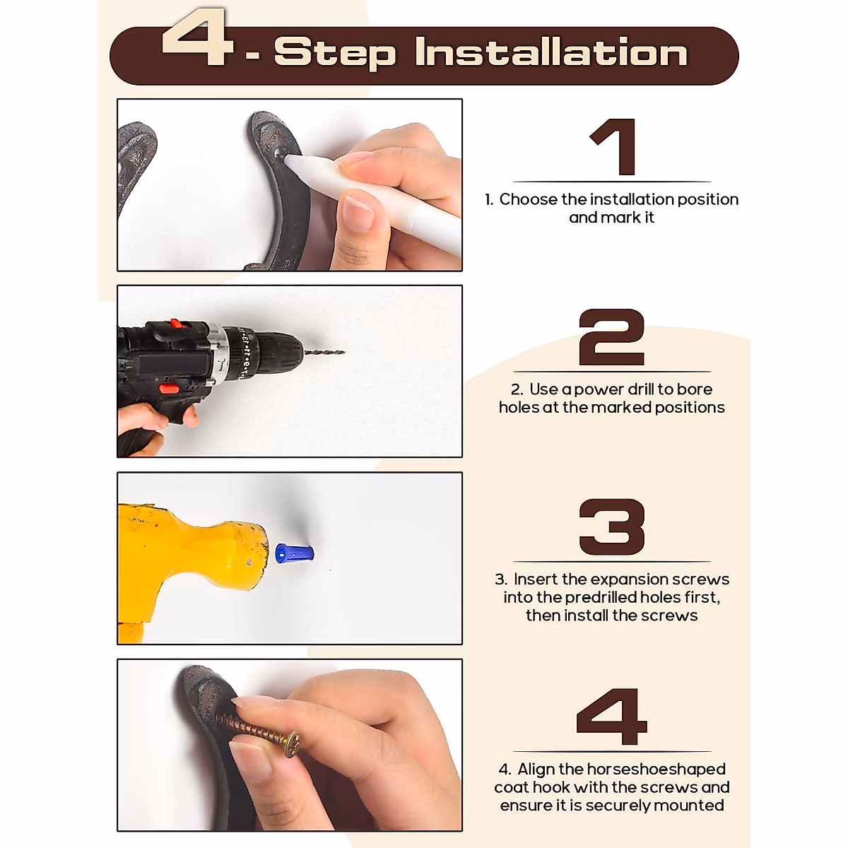 4 PCS Coat Hooks Cast Iron Wall Hooks Horseshoe Hooks Vintage Hanger for Hanging Coat Hat Bags Key Towel(Rust)