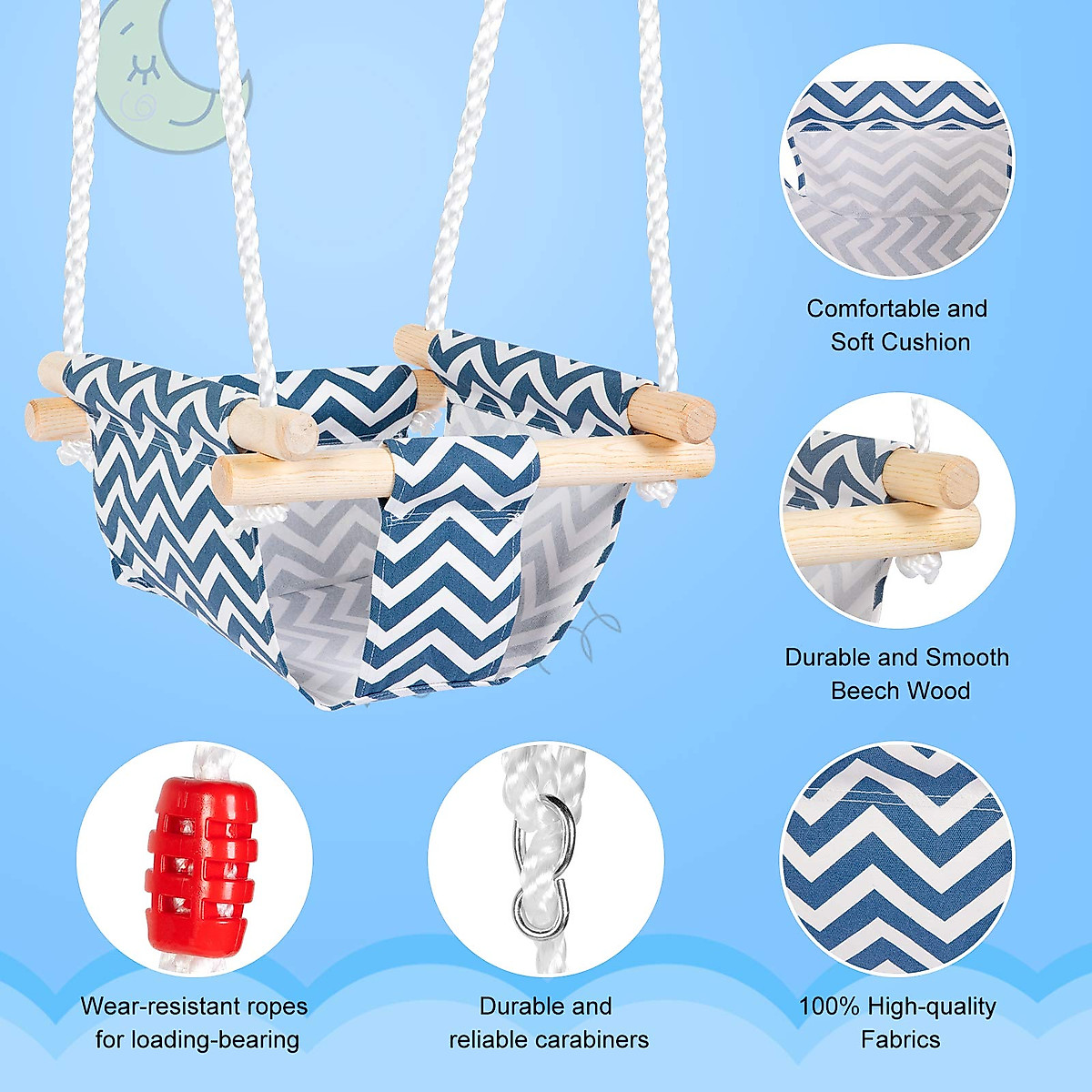 SARHLIO Hanging Swing Seat Chair for Infant and Toddle Wooden Canvas Hanging Baby Swing with Adjustable Ropes, Kids Toys Gifts Swing for Indoor Outdoor Backyard 6 Months to 3 Years Old(BHS01A)