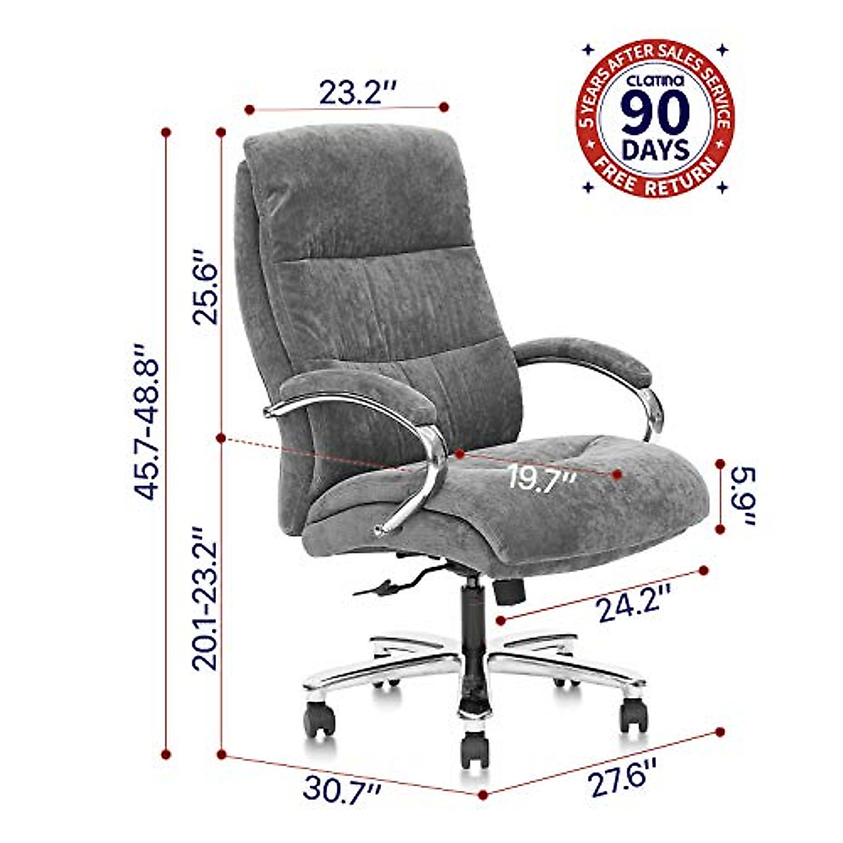 CLATINA Ergonomic Big & Tall Executive Office Chair with Fabric Upholstery 400lbs High Capacity Swivel Adjustable Height Thick Padding Headrest and Armrest for Home Office Gray