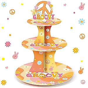 Nuenen 3 Tier Groovy Hippie Cupcake Stand Party Decorations Retro Hippie Boho Cupcake Holder Daisy Flower Groovy Rainbow Dessert Tower for Teens Adults Groovy Hippie Theme Birthday Party (Groovy)