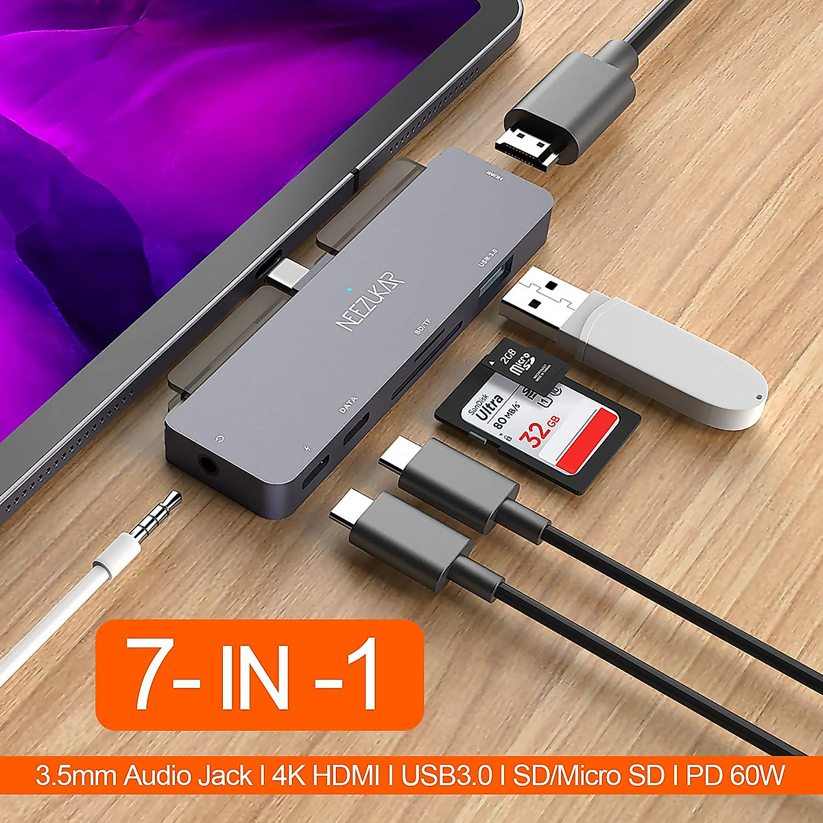 7-in-1 USB C Hub Adapter Multiport, with 4K HDMI, USB C PD Fast Charging and SD - Dongle Compatible with iPad Pro 2020 2018,iPad Air4, MacBook Pro / Air and More