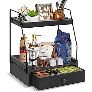 Rustic 2 Tier Coffee Bar Accessories Organizer Countertop, Coffee Station Organizer with Drawer, Coffee Pods Holder Condiment Organizer, Wood Countertop Shelf for Kitchen Spice Bathroom Organizer