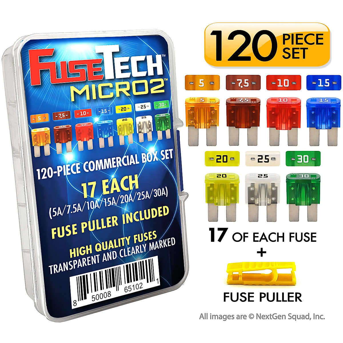 FuseTech Micro2 APT ATR 120 Piece Automotive Commercial Car Fuse Assortment (119 Blade Fuses + Fuse Puller) 5A 7.5A 10A 15A 20A 25A 30A