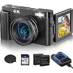 4K Digital Camera for Photography Autofocus, 48MP Vlogging Camera with SD Card Anti-Shake, 3'' 180° Flip Screen Compact Video Camera for Travel, 16X Zoom Digital Camera for Teens with Flash