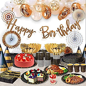 350PCS Black and Gold Party Decorations, 50 Guests 2023 Graduation Party Prom Decorations Gold Plastic Forks Knives Spoons Party Paper Plates Napkins Cups for Party Birthday New Year