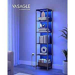VASAGLE 6-Tier LED Bookshelf, Display Shelf with Dimmable Lights, LED Bookcase with Steel Frame, 11.9 x 15.7 x 70.3 Inches, for Living Room, Bedroom, Office, Black with Wood Grain ULLS121B56