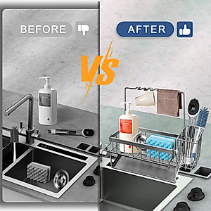 Yazoni 4 in 1 Sponge Holder for Kitchen Sink, Sponge Holder + Brush Holder + Dishcloth Hanger + Sink Stopper Holder with 2 Installation Ways, No Drilling Adhesive Sink Caddy Kitchen Sink Organizer