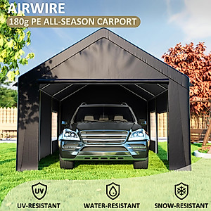 AirWire Carport 12' x 20' Heavy Duty Portable Garage, Carport Canopy with Side-Opening Door & Roll-Up Windows, Car Canopy Reinforced Four-Hole Base for Car, Truck, Boat, Party, Black