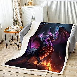 Black Dragon Throw Blanket for Couch Magic Animal Fleece Blanket, Magical World Sherpa Blanket Neon Purple Lightning Blanket, Fire Flames Bed Blanket Kids 3D Dragon Theme Bedroom Decorations