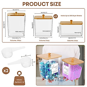 COAZEX 4 Pack Clear Laundry Pods Container & Dryer Sheet Holder, Plastic Square Laundry Room Organization and Storage Jars with Lids, Scoops & Labels for Detergent, Powder, Dryer Balls, Beads