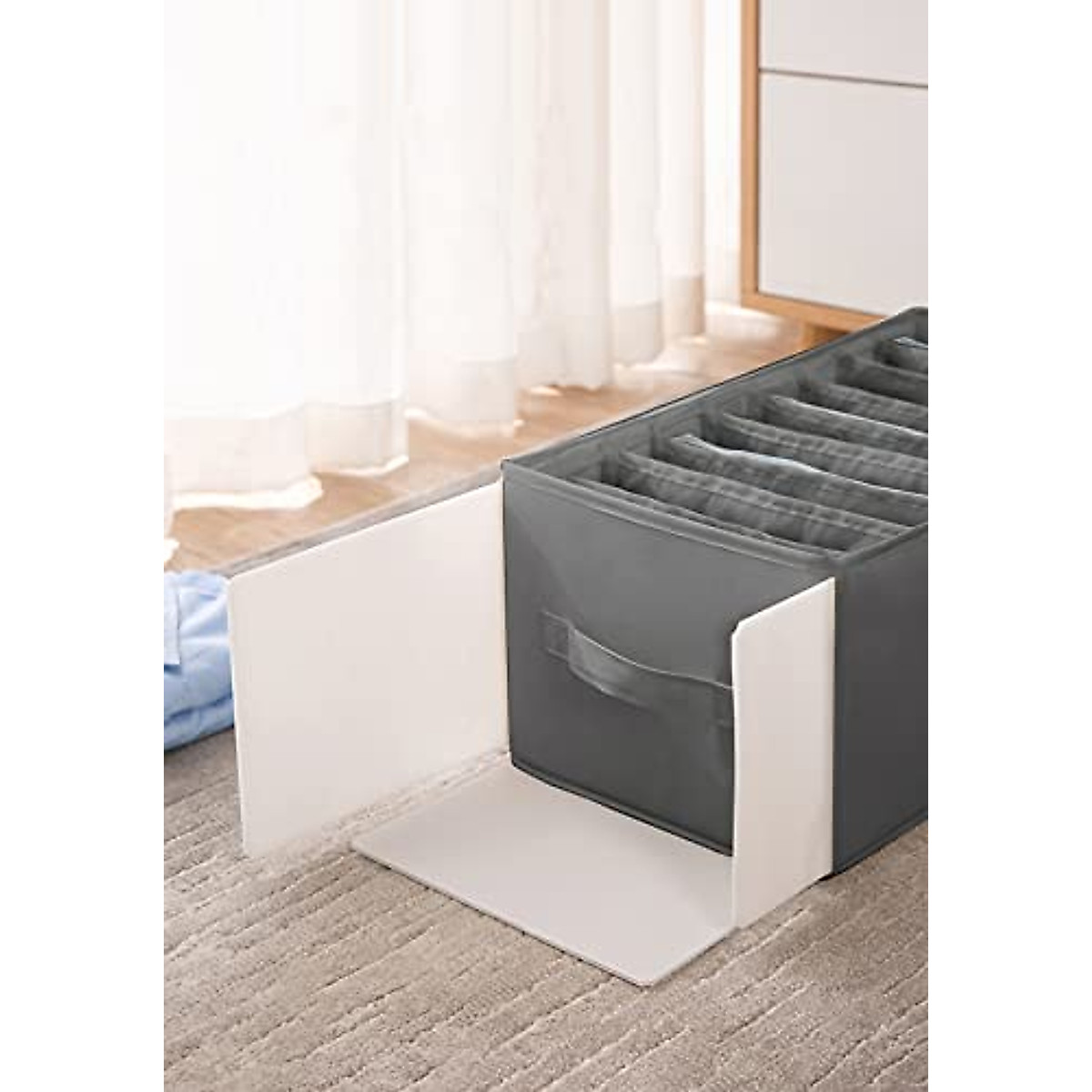 AARAINBOW 2 Pcs Closet Clothes Organizer with Handle, Stackable Shelf Storage Baskets with Dividers, Foldable Wardrobe Storage Box Drawer Divider for Jeans Pants Sweater (7 Grids Gray)