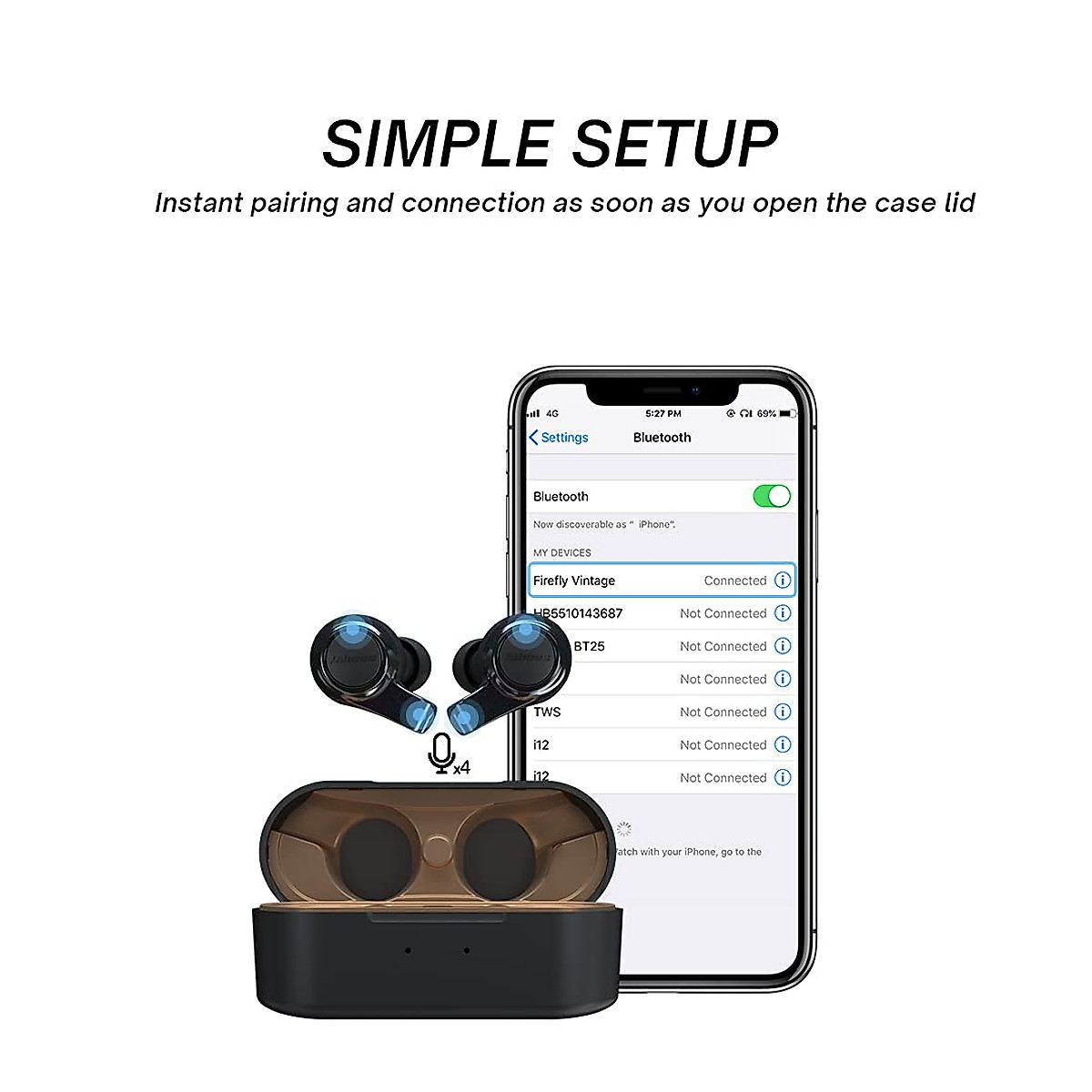 Jabees] Firefly Vintage Bluetooth Wireless Gaming Earbuds - Noise Cancelling Waterproof Headphones with 4 Mic for Call & Music - 40Hr Playtime with Charging Case, Low Latency, aptX, ENC(Black)