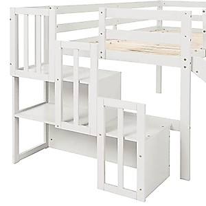 ERYE Twin Size Loft Bed with Slide and Storage Staircase, Wooden Bedframe Bedroom Furniture w/Full-Length Safety Guardrails & Shelves for Kids, Teens, Girls, Boys