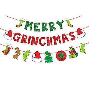 Merry Grinchmas Banner, Red & Green Grinchmas Christmas Party Sign Supplies, Merry Grinch Christmas Party Decorations