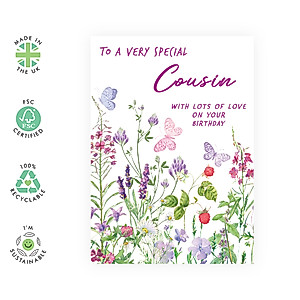 CENTRAL 23 Sweet Birthday Card for Her - 'To A Very Special Cousin' - Floral Greeting Card for Female - Flowers & Butterfly - Cousin Birthday Card - Comes with Stickers