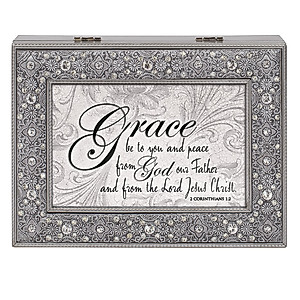 Cottage Garden Grace Peace from God Filigree Jewel Bead Silver Tone Music Box Plays Amazing Grace