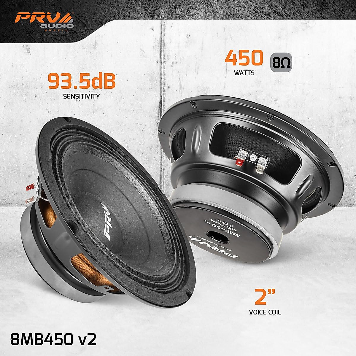 PRV AUDIO 8 Inch Midbass Speaker 8MB450 v2, 450 Watts, 8 Ohm, 2 in Voice Coil, Pro Audio Loudspeaker (Single)