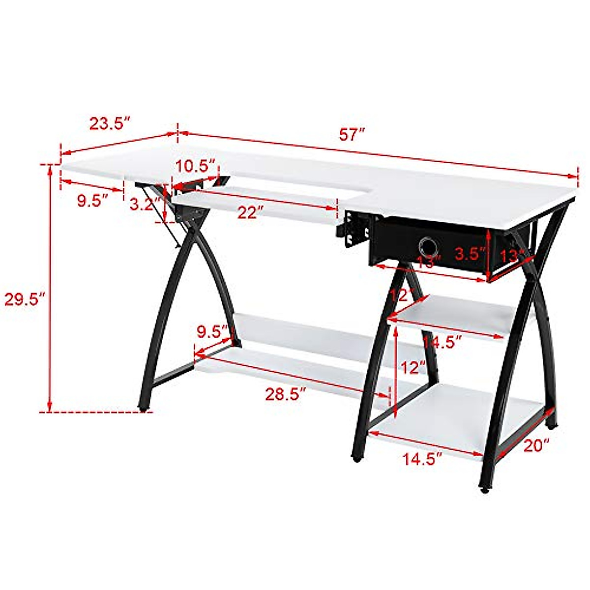 TUFFIOM 57-Inch Sewing Craft Table, Specialized Sewing Machine Shelf, Enlarged Cutting Space, Sturdy Multifunctional Computer Desk with Storage Drawer, Adjustable Height, Ideal for Home Indoor Use